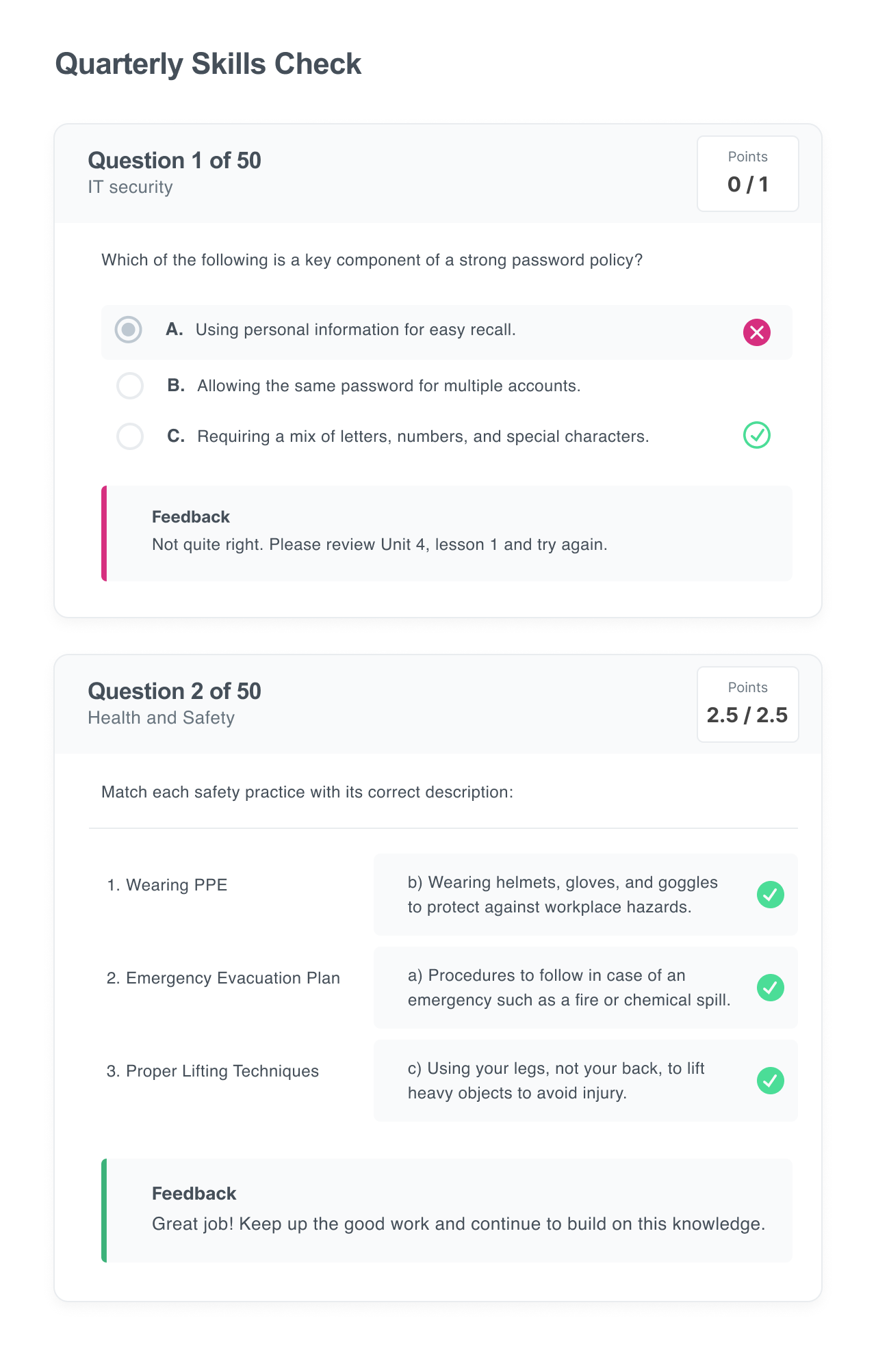 Quiz results graded instantly
